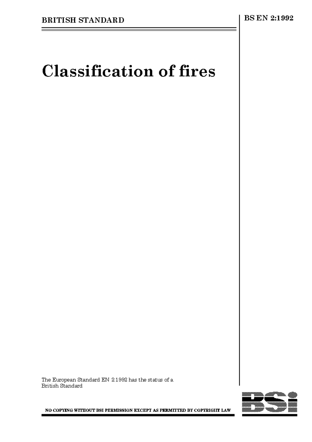 BS EN 2:1992 Classification of Fires - British Standard Overview - Studocu