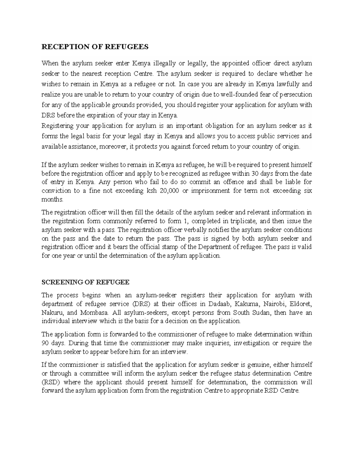 Refugees Assignment: Reception, Registration, and Screening Process ...