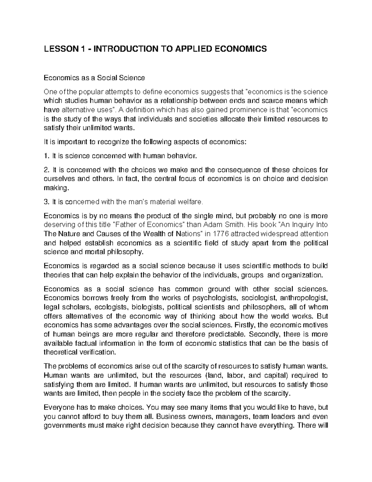 Applied Economics Lesson 1: Concepts, Issues, and Challenges - Studocu