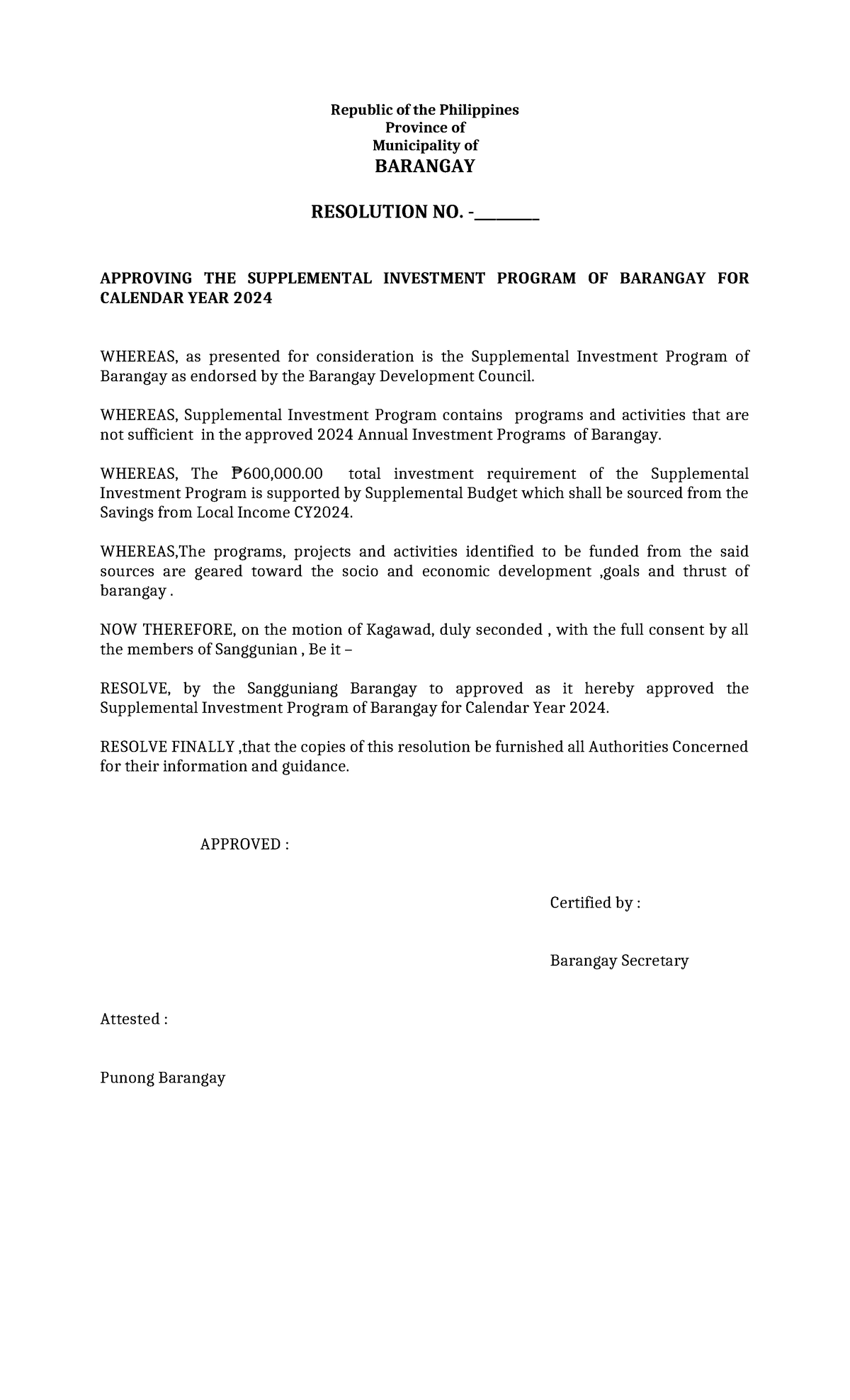 Barangay Resolution No. - 2024 Approving Supplemental Investment ...