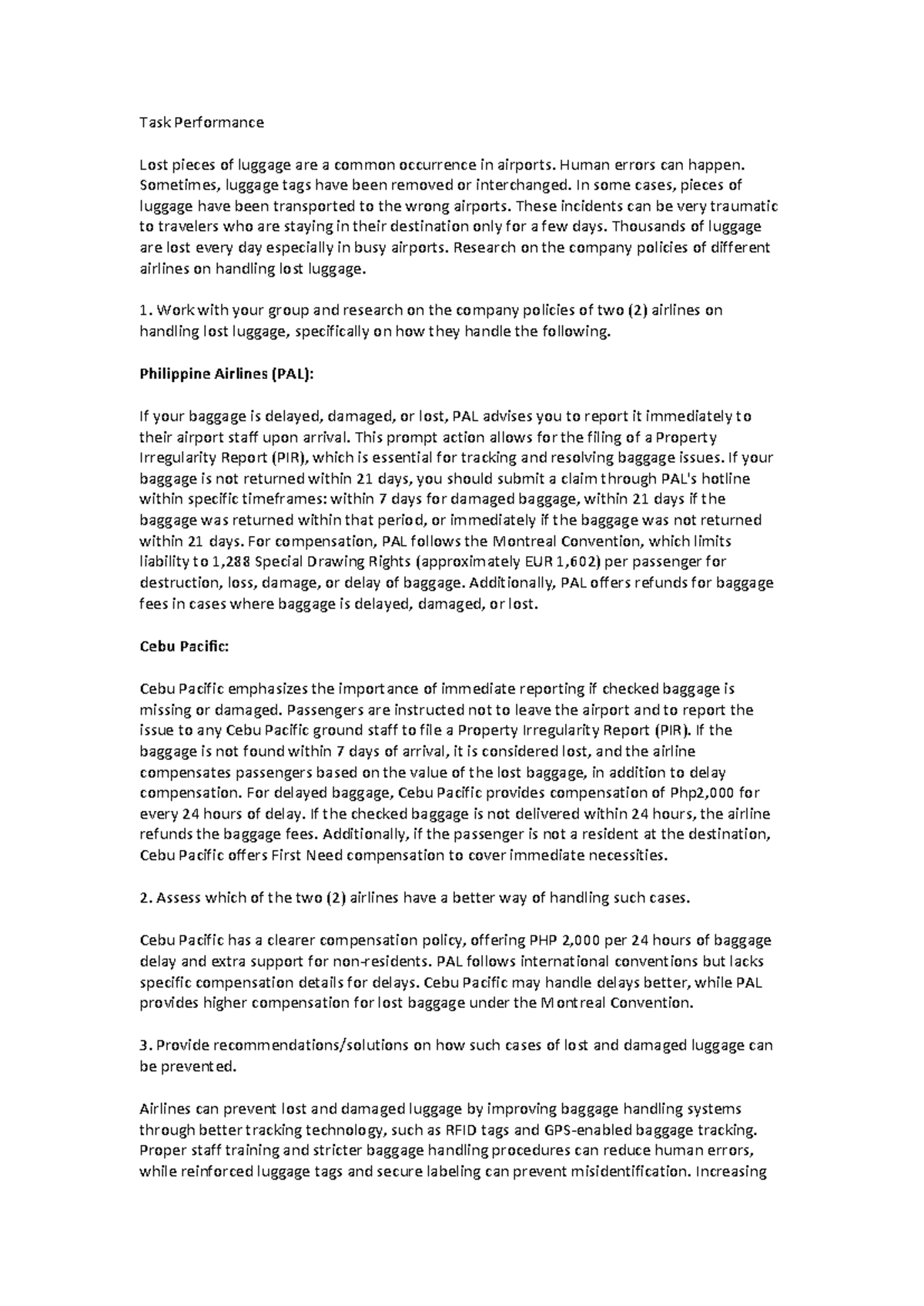 TP - Case Study on Task Performance in Airline Baggage Handling - Studocu