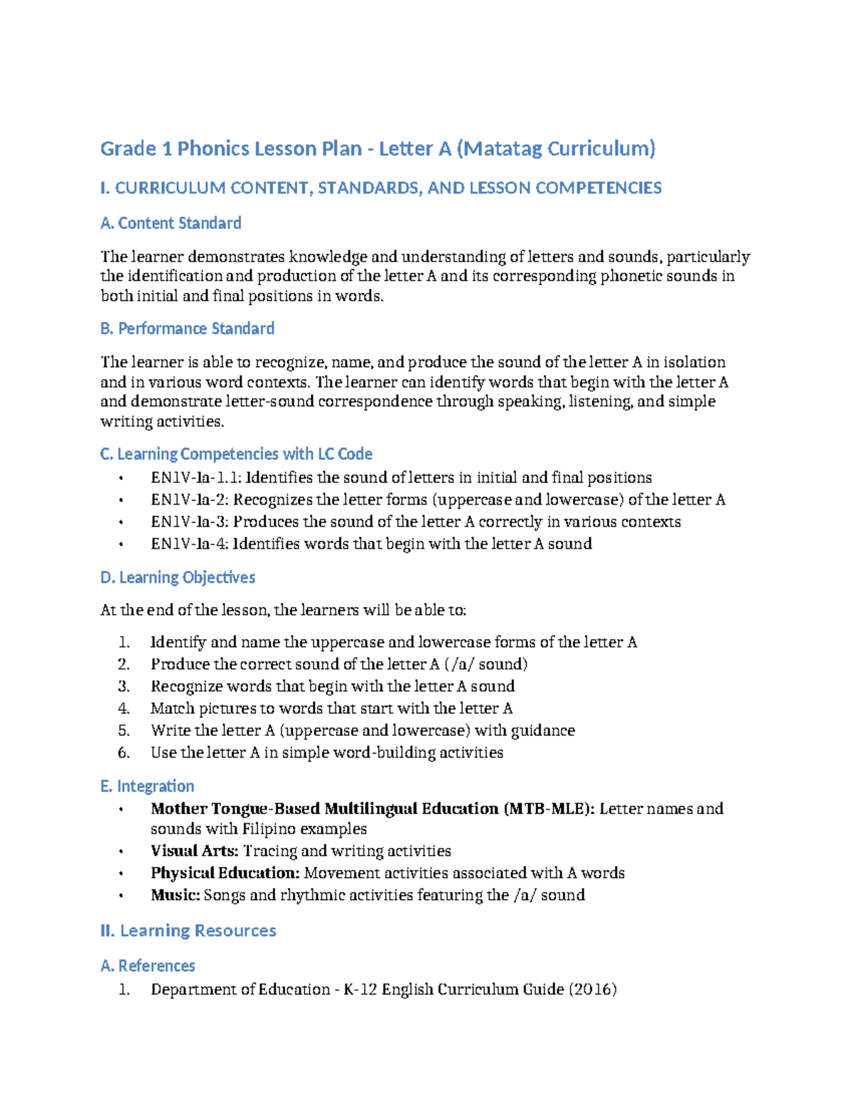 Grade 1 Phonics Lesson Plan: Exploring Letter A (Matatag Curriculum ...