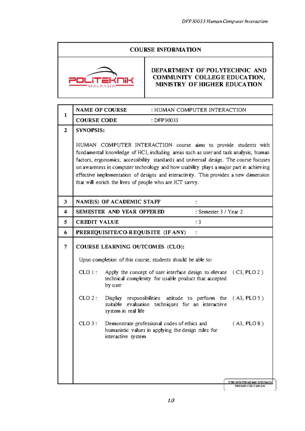 DFP30033 Human Computer Interaction Course Overview and Learning ...