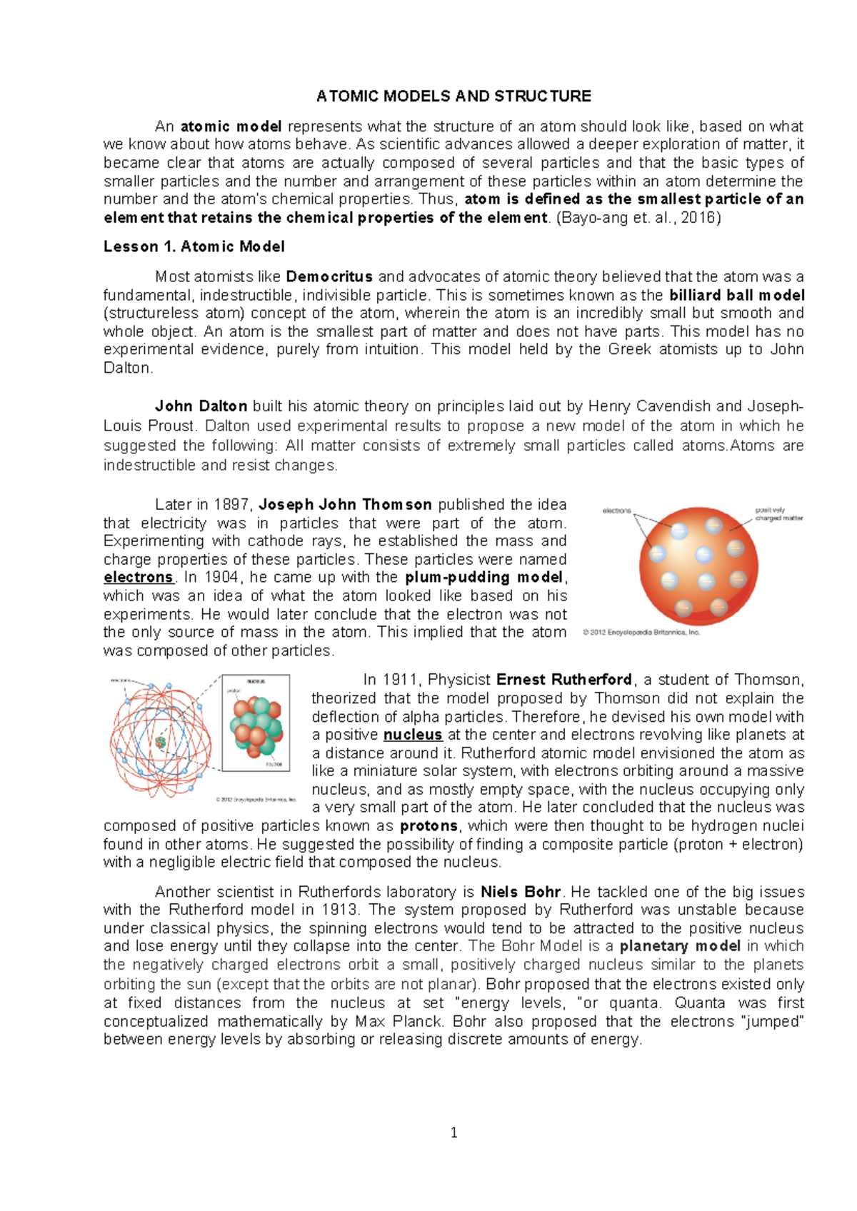 Atomic Models - Lesson Notes (ATOMIC MODELS AND STRUCTURE) - Studocu