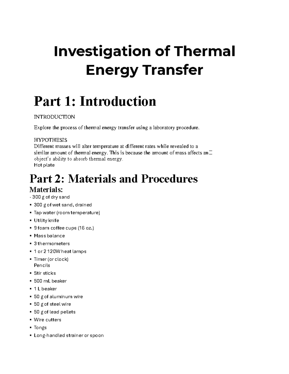 Thermal Energy Transfer Lab Report: Investigation of Heat Absorption ...