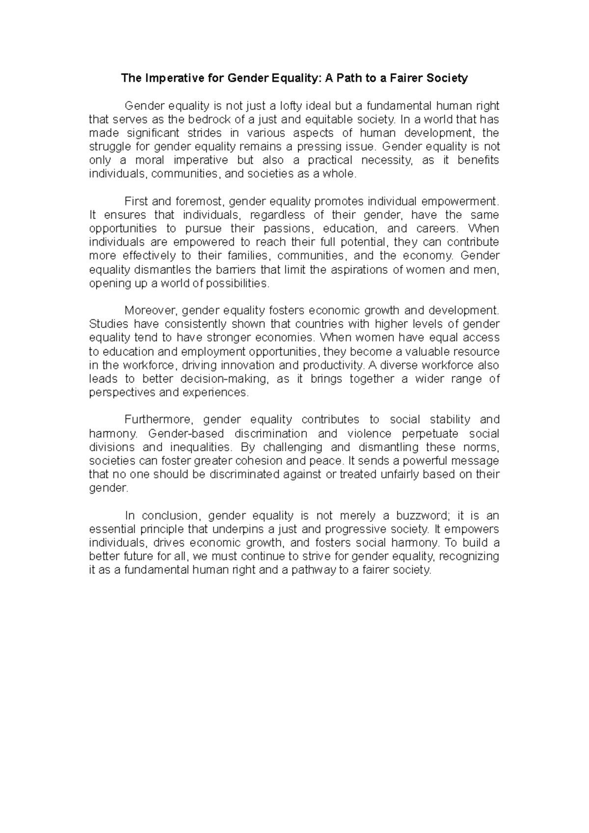 WEEK 4 Essay: The Imperative for Gender Equality in Society - Studocu