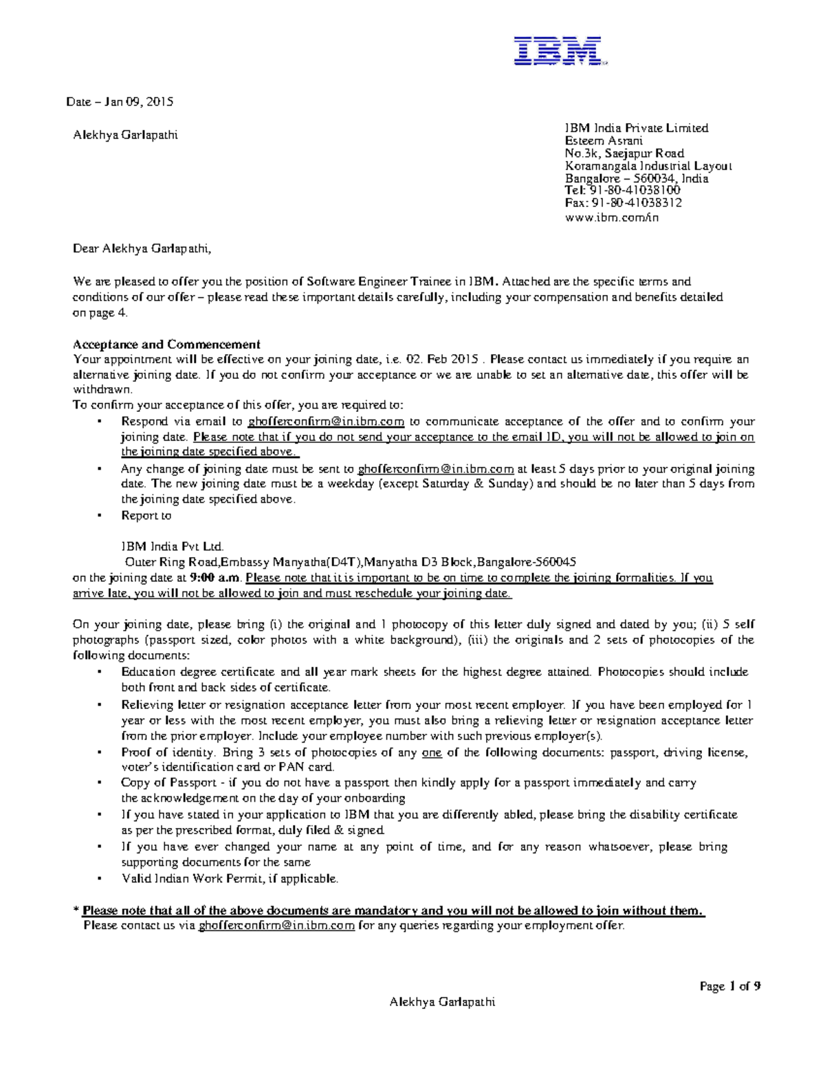 IBM Offer Letter for Software Engineer Trainee Position - SEB - Studocu