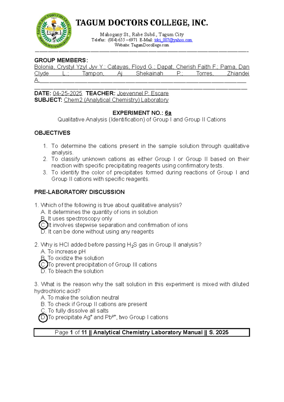 Experiment 6a: Qualitative Analysis of Group I & II Cations in Chem2 ...