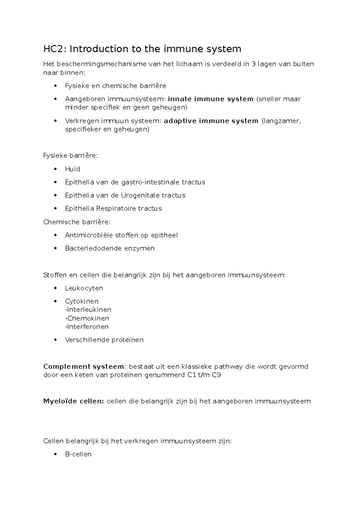 HC2: Inleiding tot het Immuunsysteem en de Beschermingsmechanismen ...