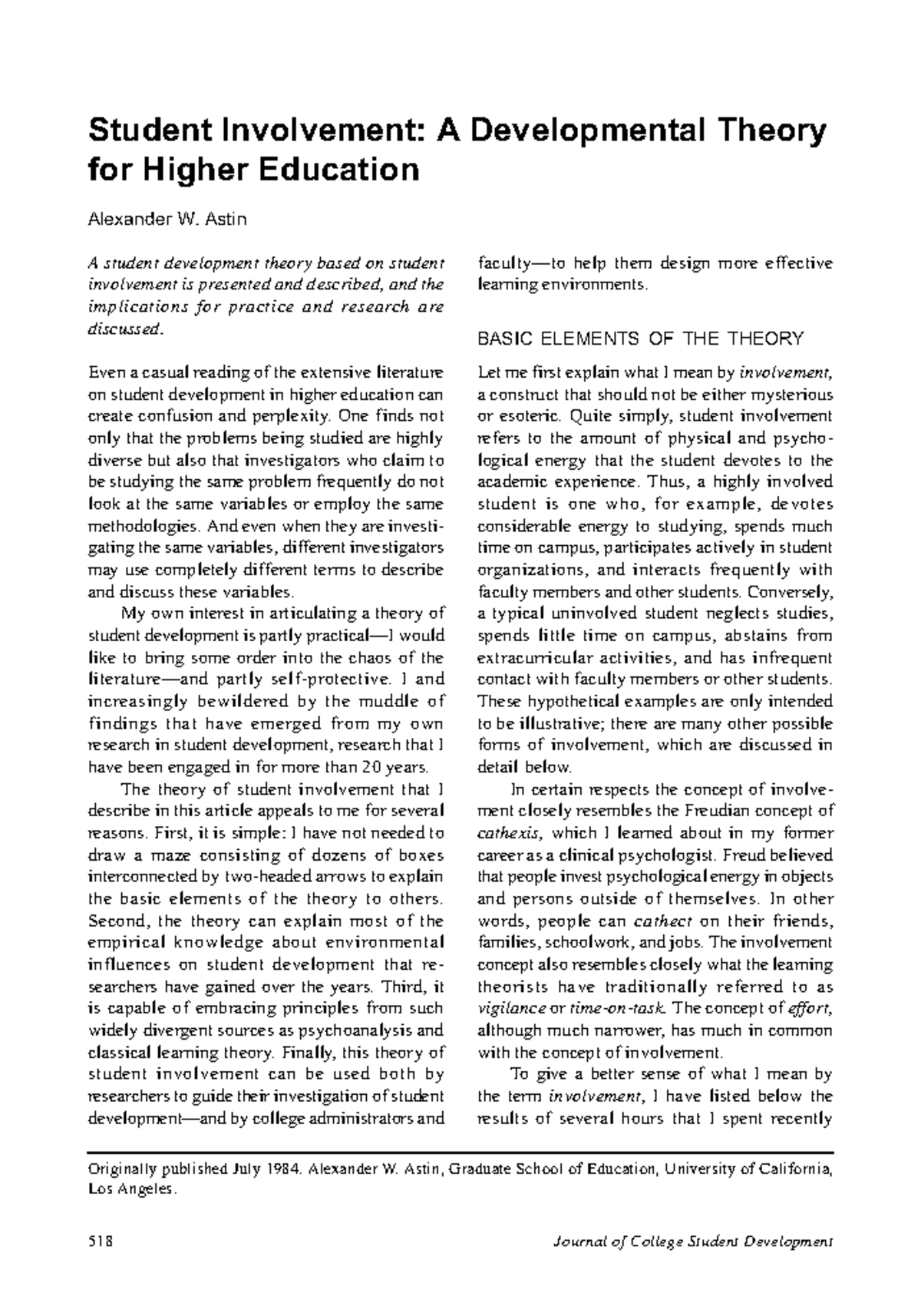Student Involvement Theory: Insights for Higher Education Development ...