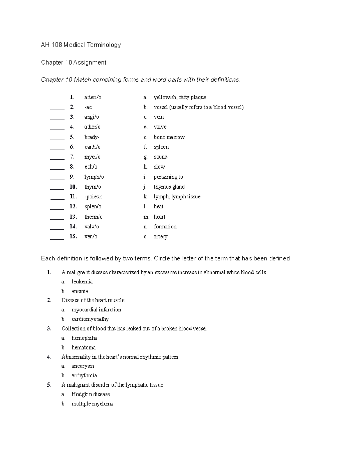 AH 108 Chapter 10 Medical Terminology Assignment: Matching Terms - Studocu