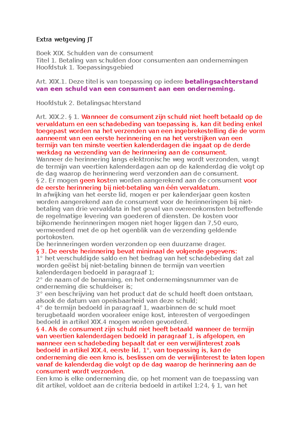 Extra Wetgeving JT Boek XIX: Schulden van Consumenten - Addendum WER ...