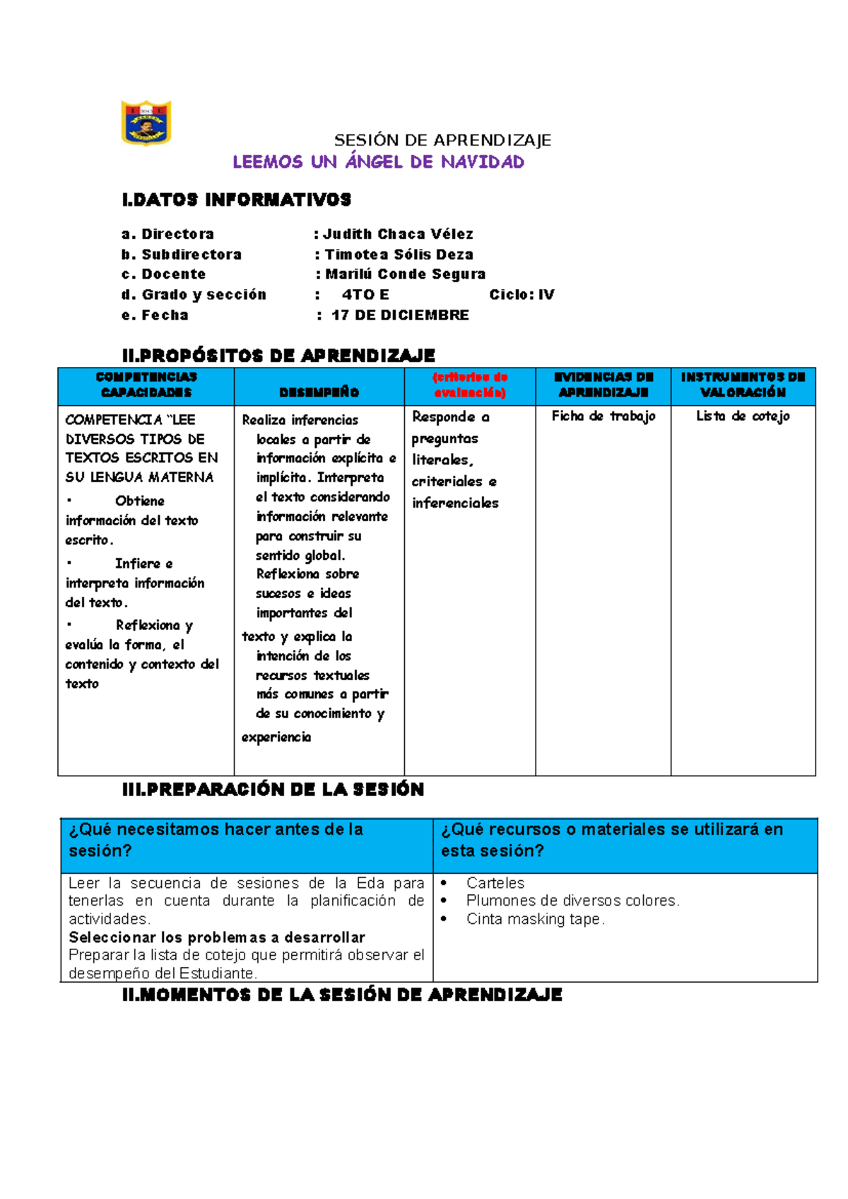 Sesión de Aprendizaje: Leemos "Un Ángel de Navidad" - 4TO E, 17 ...