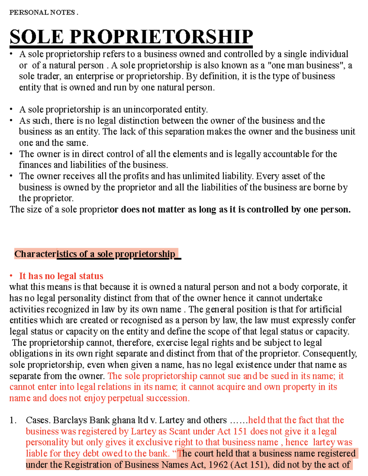 Sole Proprietorship Overview and Legal Implications Notes - Studocu