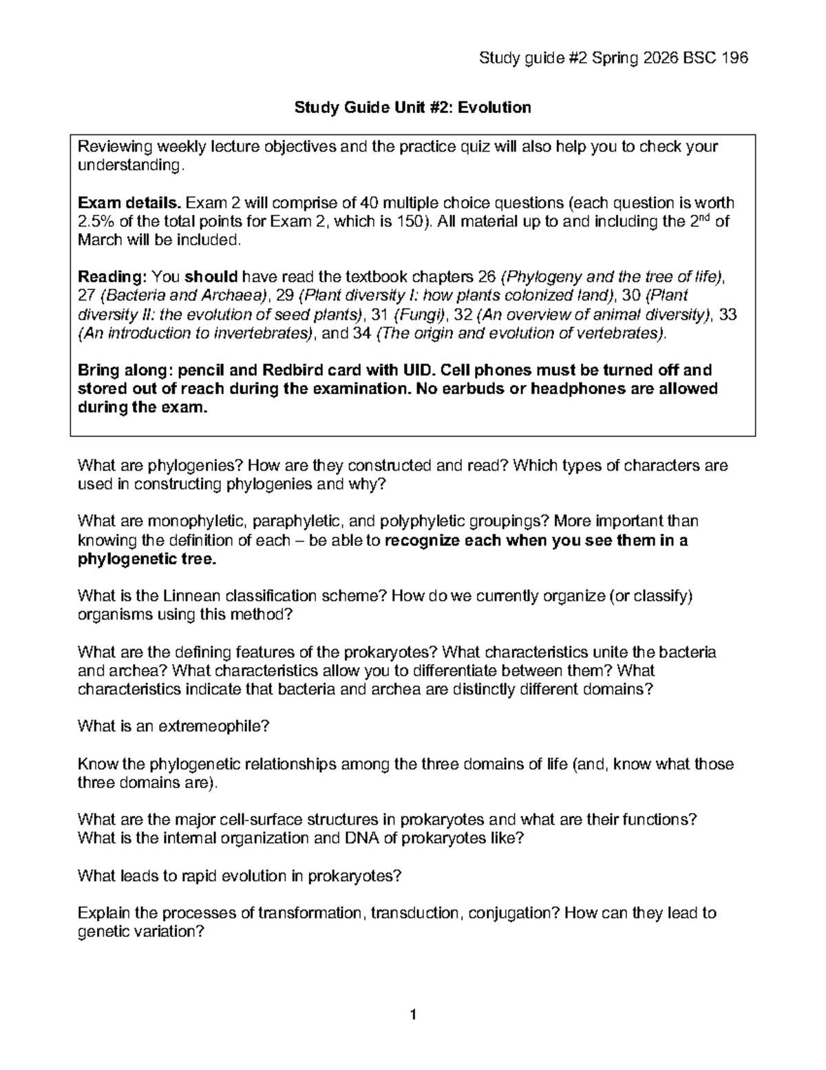 Study Guide #2: Evolution BSC 196 Spring 2026 - Studocu