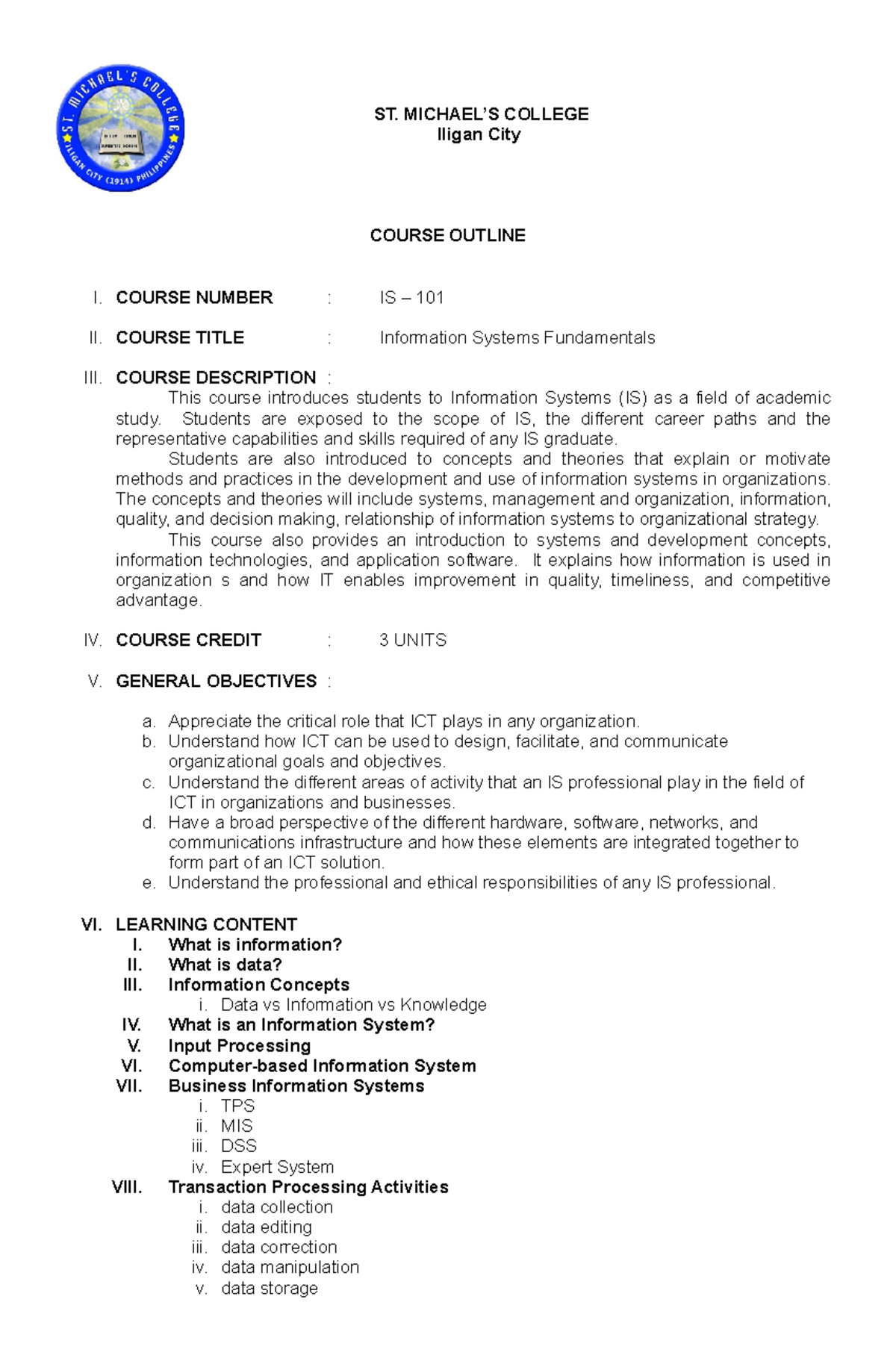 IS 101 Syllabus: Information Systems Fundamentals Course Outline - Studocu