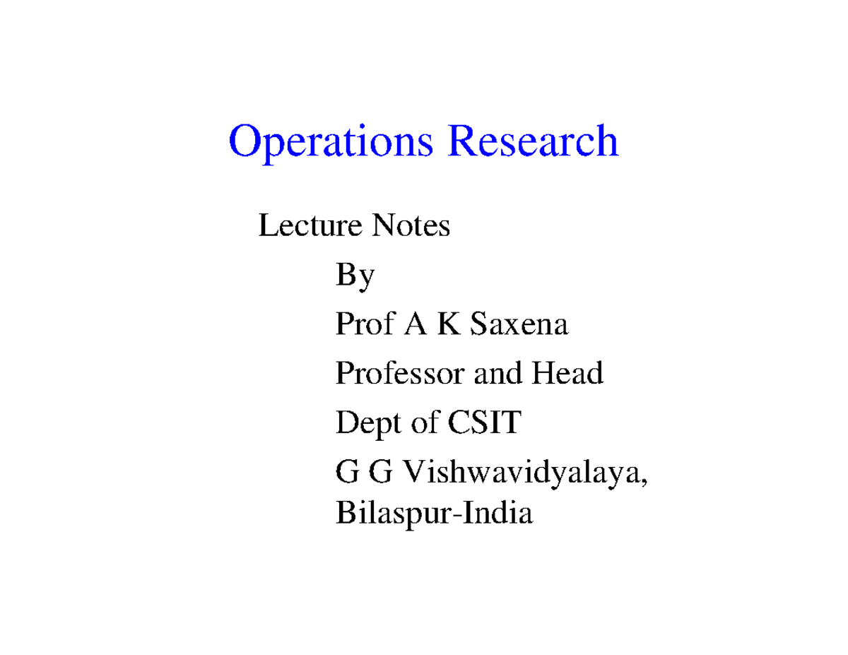 Operations Research Lecture Notes - OR 07 by Prof A K Saxena - Studocu