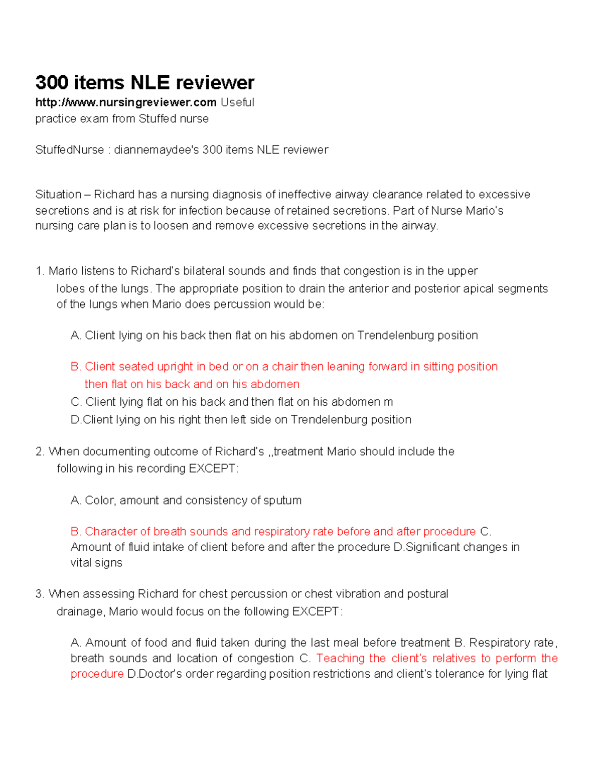 300 Items NLE Reviewer: Practice Exam for Nursing Licensure Exam - Studocu