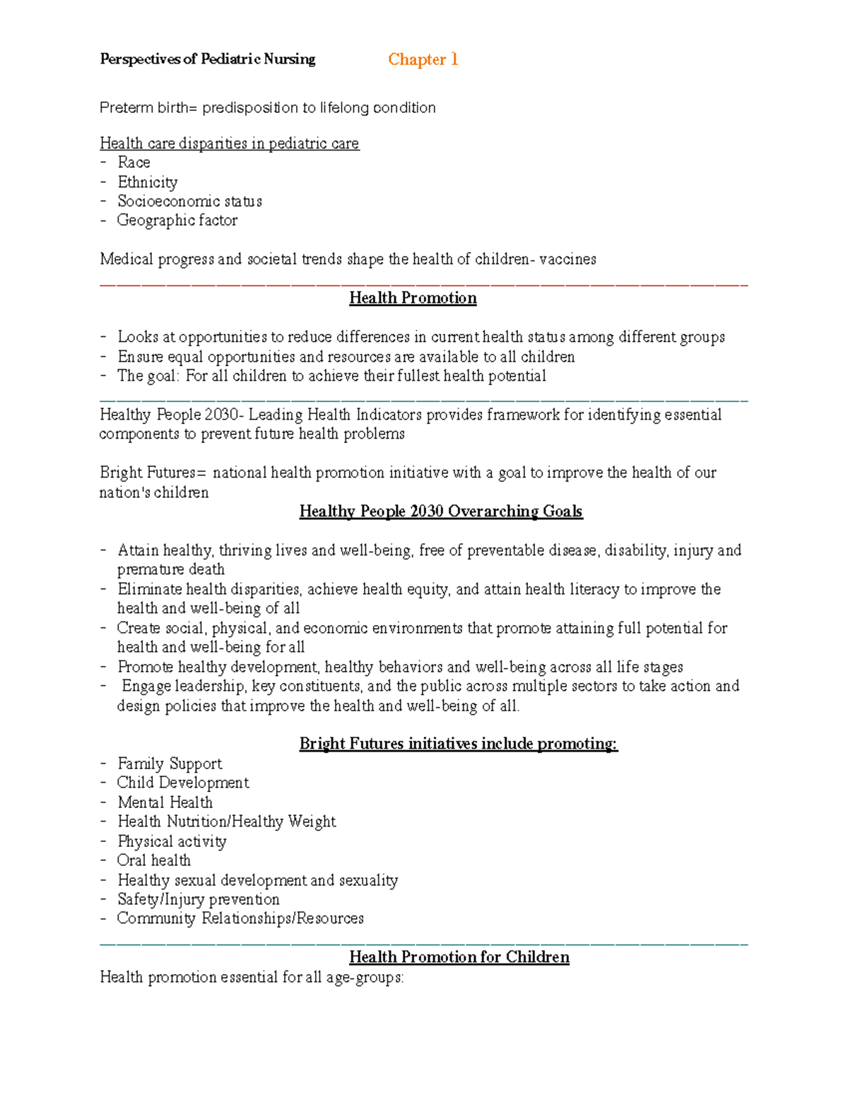 Chapter 1 - notes - Preterm birth= predisposition to lifelong condition ...