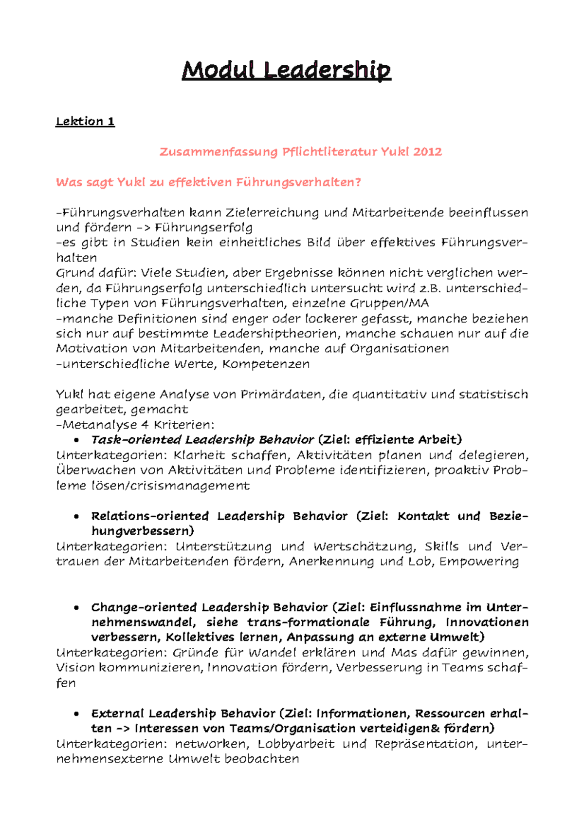 Modul 1234 - Zusammenfassung Pflichtliteratur Leadership nach Yukl ...