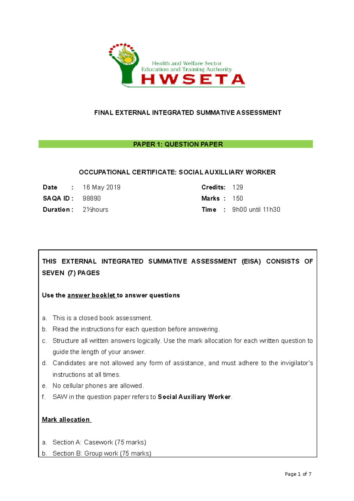 Social Auxiliary Worker - EISA Paper 1 - Final Assessment - Studocu