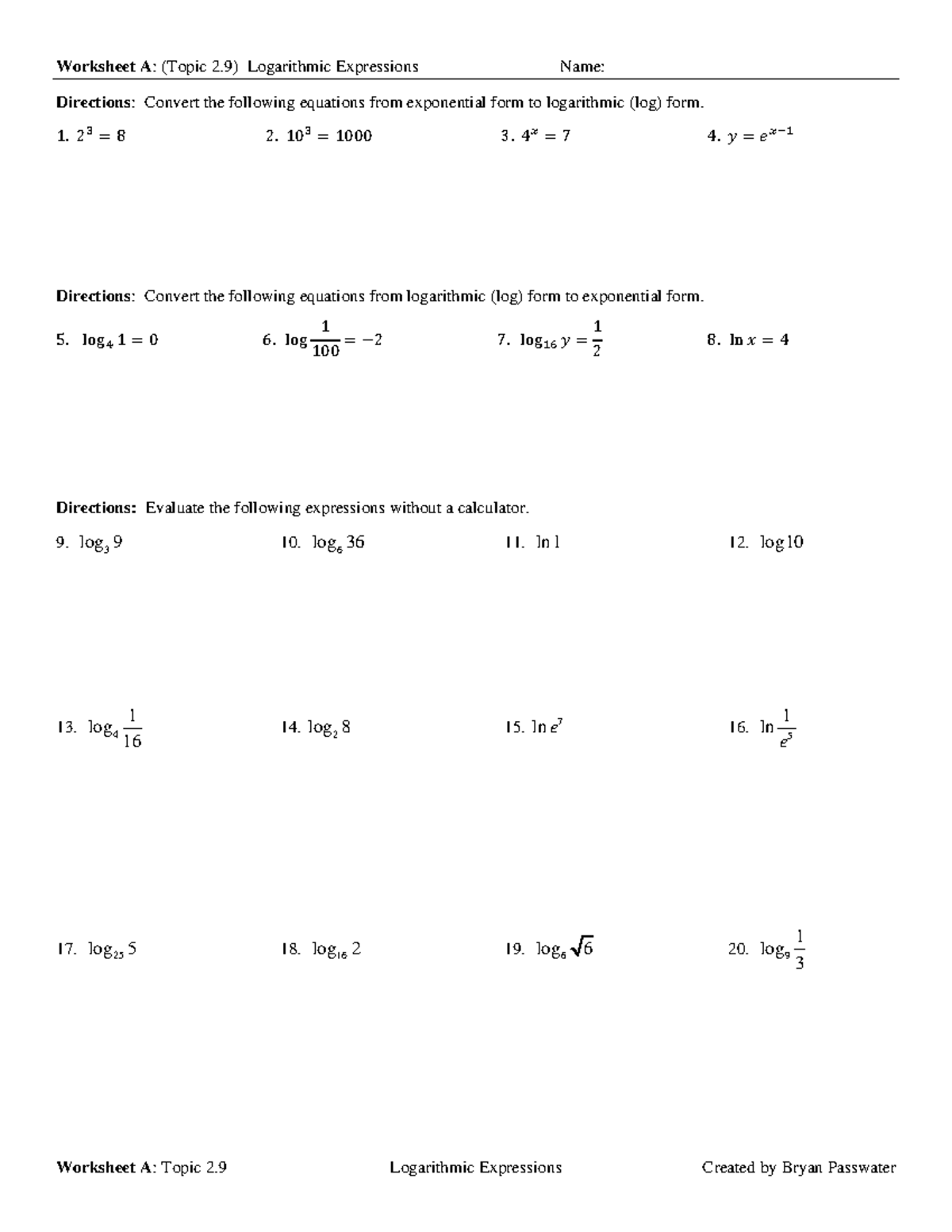 Worksheet A: Topic 2.9 Logarithmic Expressions and Evaluations - Studocu