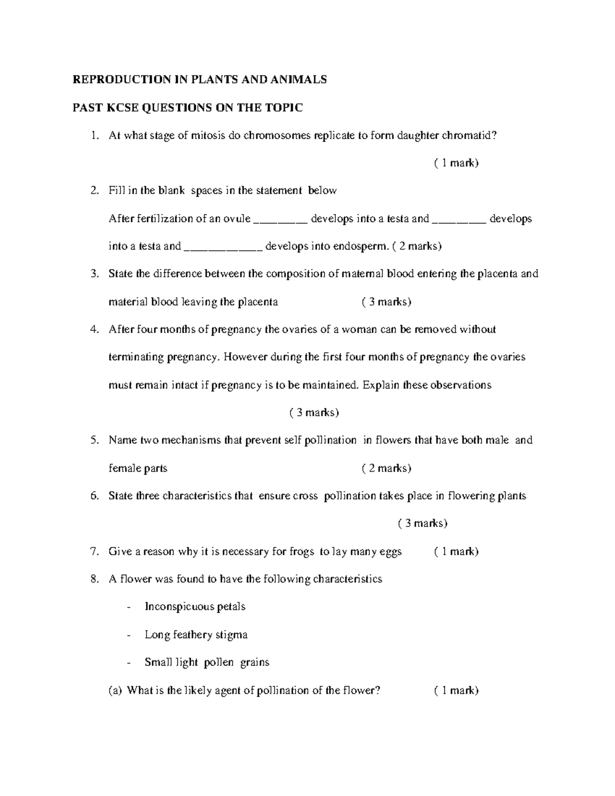 KCSE Revision: Reproduction in Plants and Animals Past Qs - Studocu