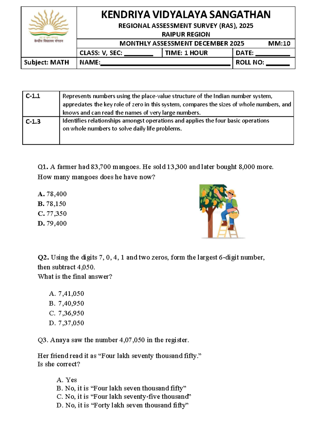 RAS Math Class V Monthly Assessment December 2025 - Raipur Region - Studocu