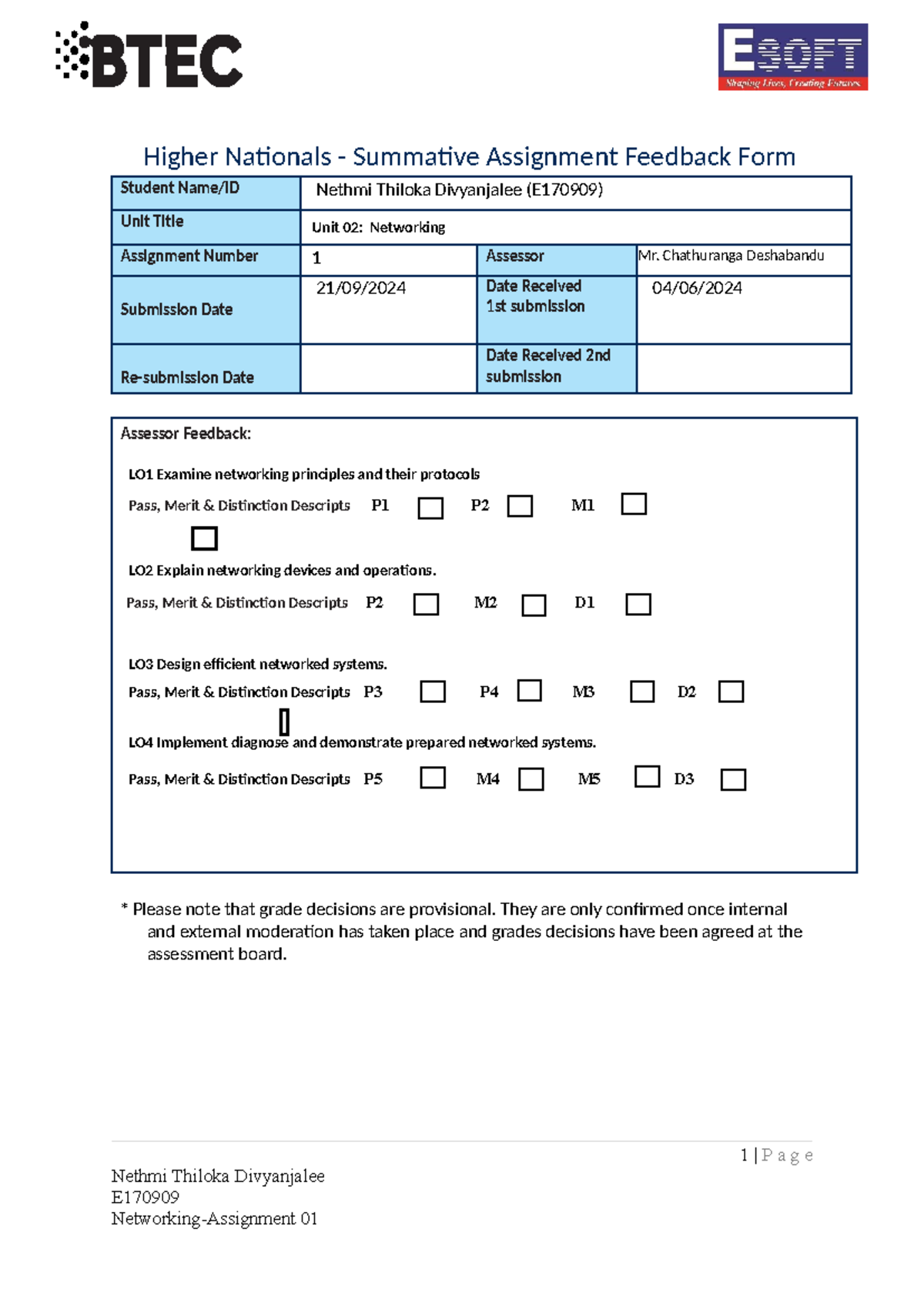 Network Assignment - Higher Nationals - Summative Assignment Feedback Form Student Name/ID ...