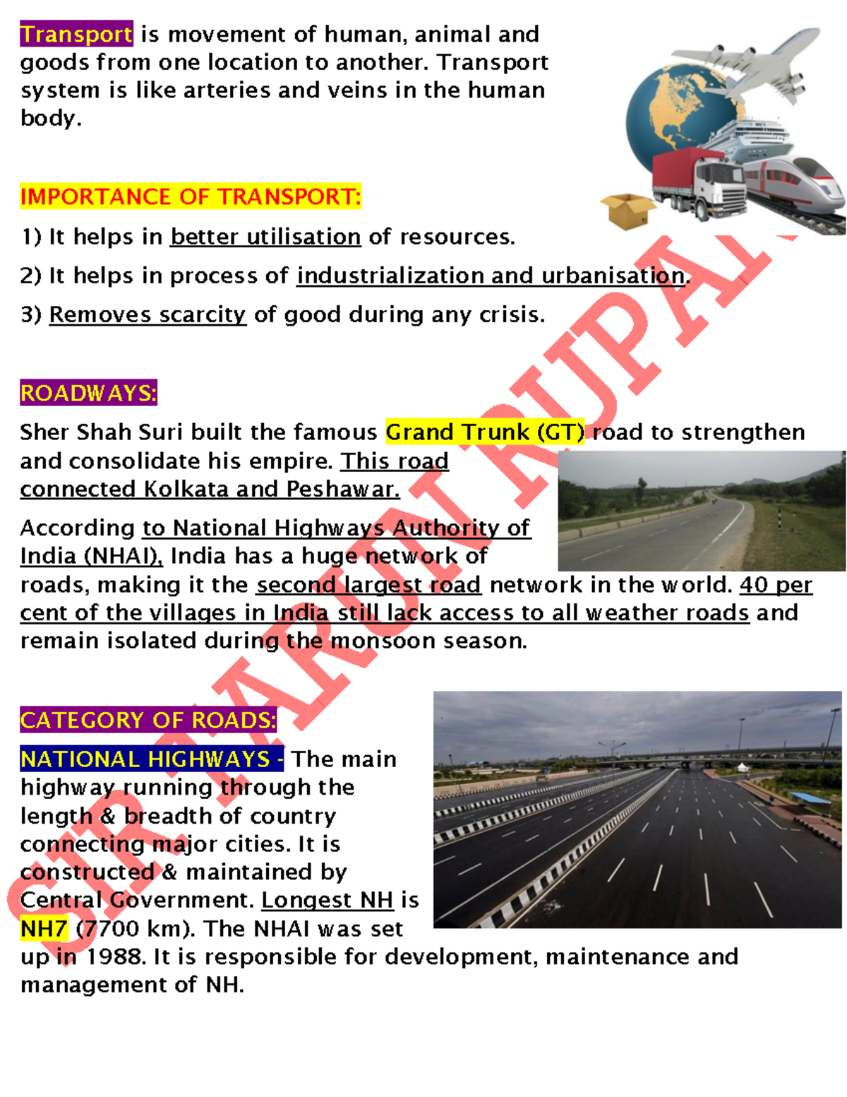 Transport - Class 10 ICSE Notes: Importance, Types & Advantages - Studocu