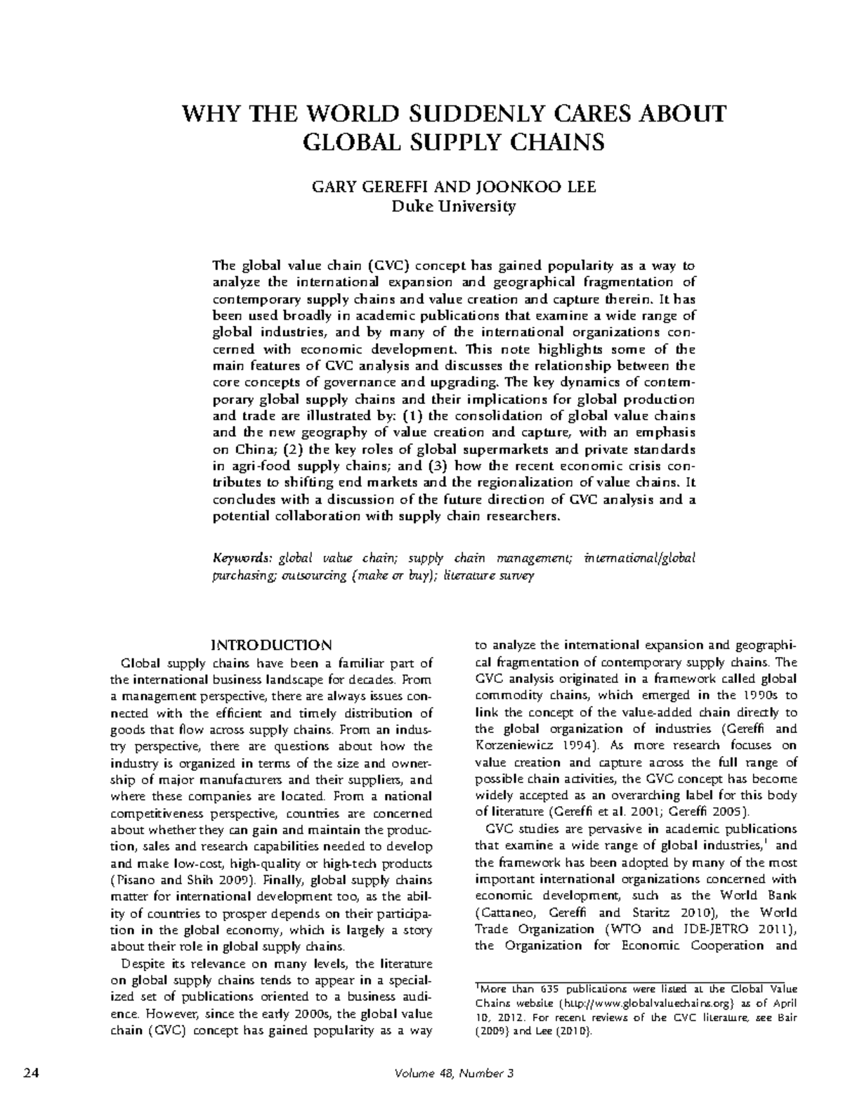 JSCM 2012: Importance of Global Supply Chains in Today's Economy - Studocu