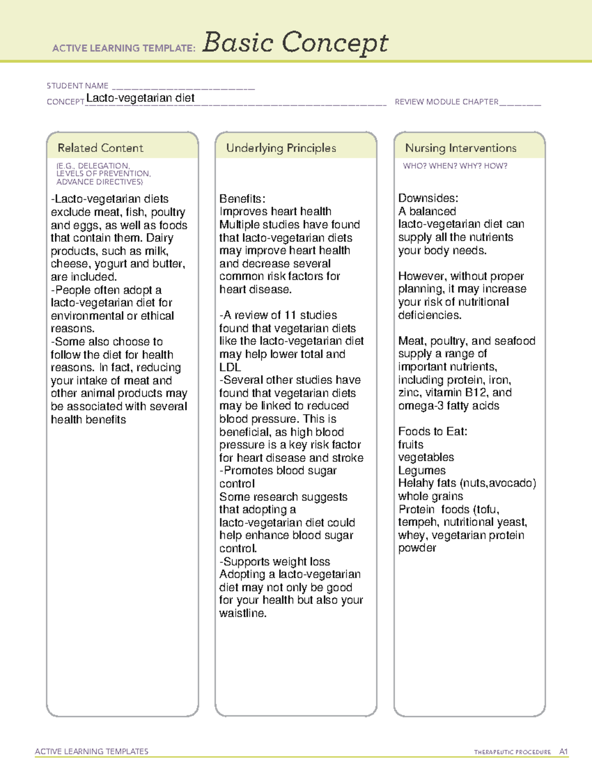 Active Learning Template: Basic Concepts on Lacto-Vegetarian Diet - Studocu