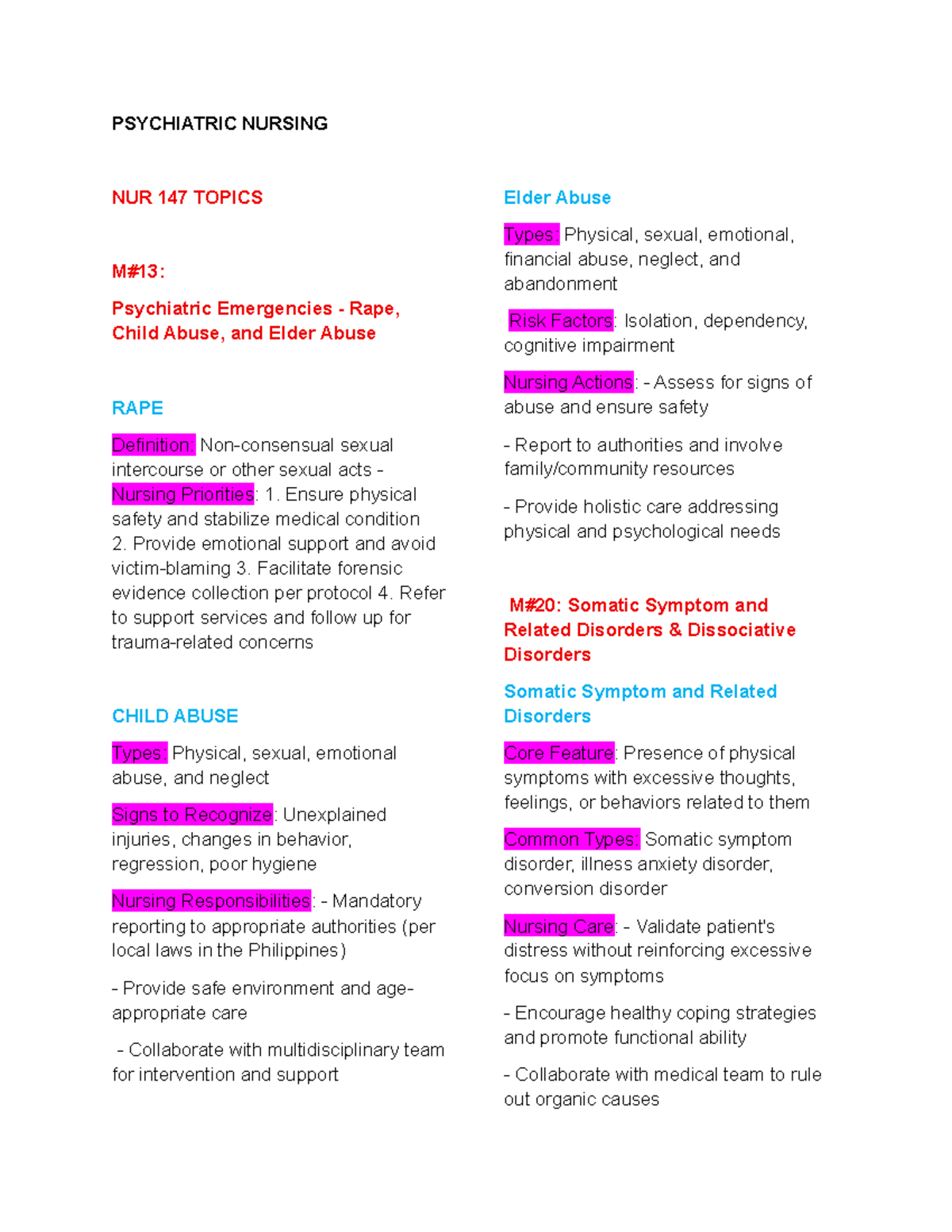 NUR 147 Psychiatric Nursing Study Guide: Emergencies & Disorders - Studocu