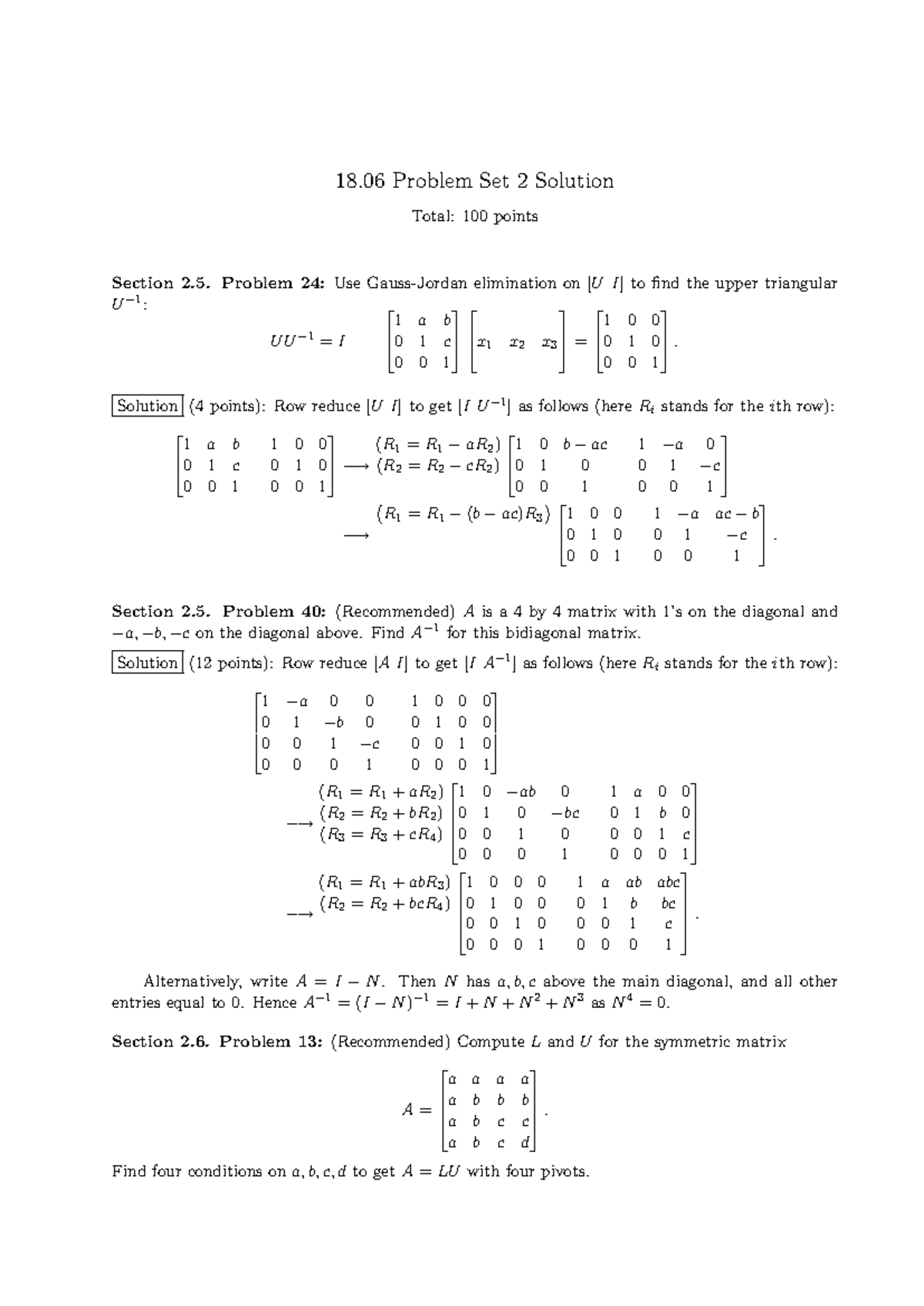 18.06 Linear Algebra Problem Set 2 Solutions and Explanations - Studocu