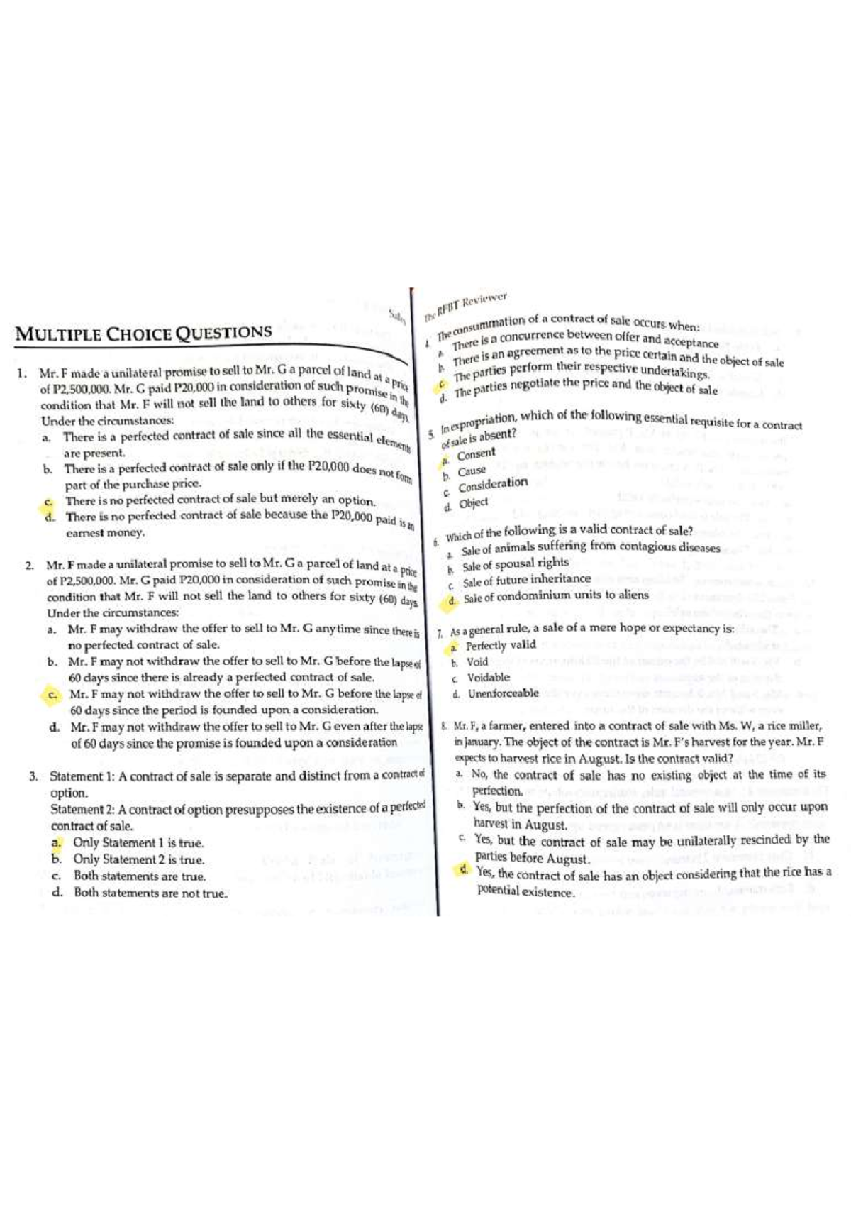 Law on Sales and Credit Transactions - Soriano et al: MCQs with Answers ...