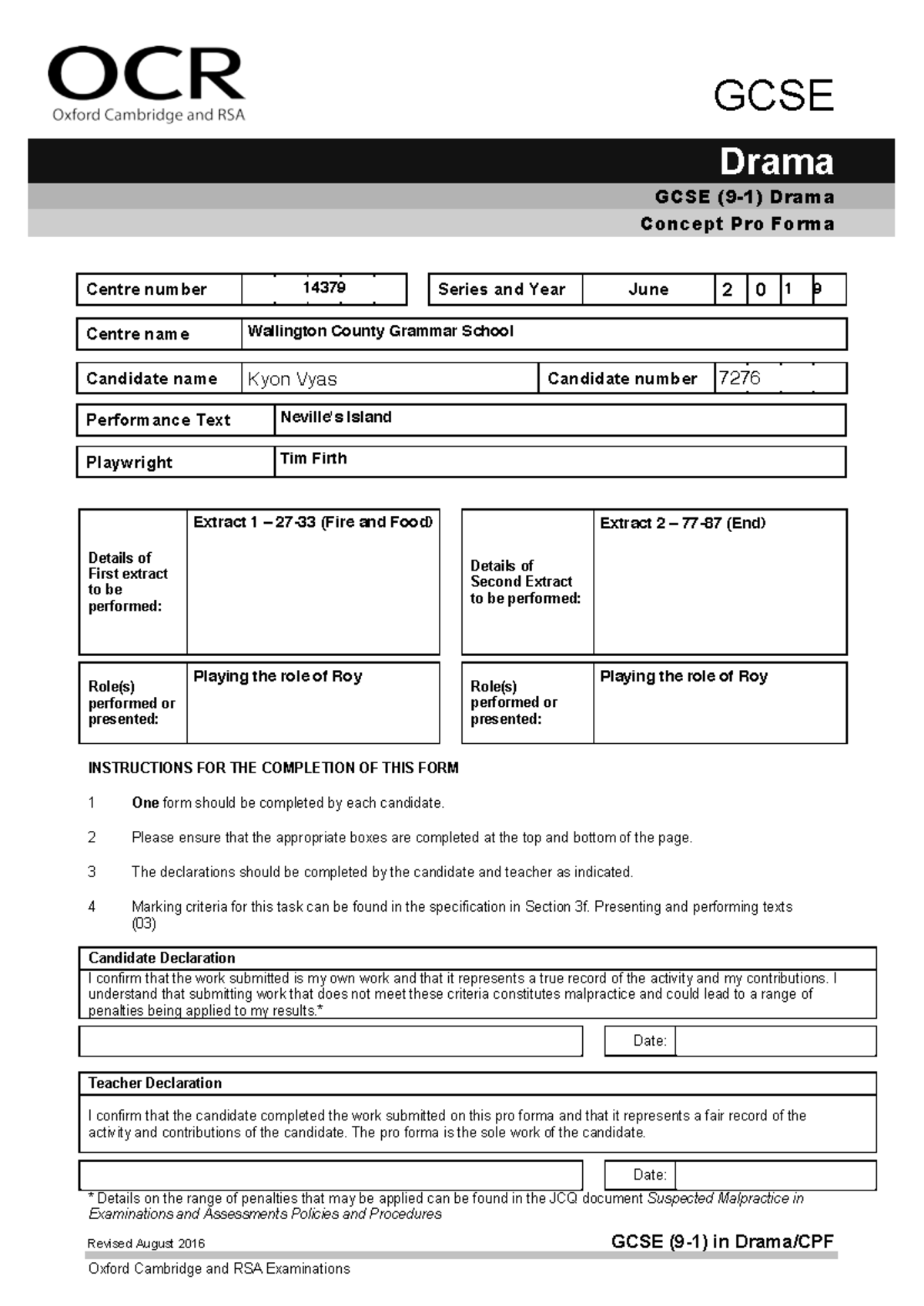 GCSE (9-1) Drama Concept Pro Forma - Candidate Performance Documentation - Studocu