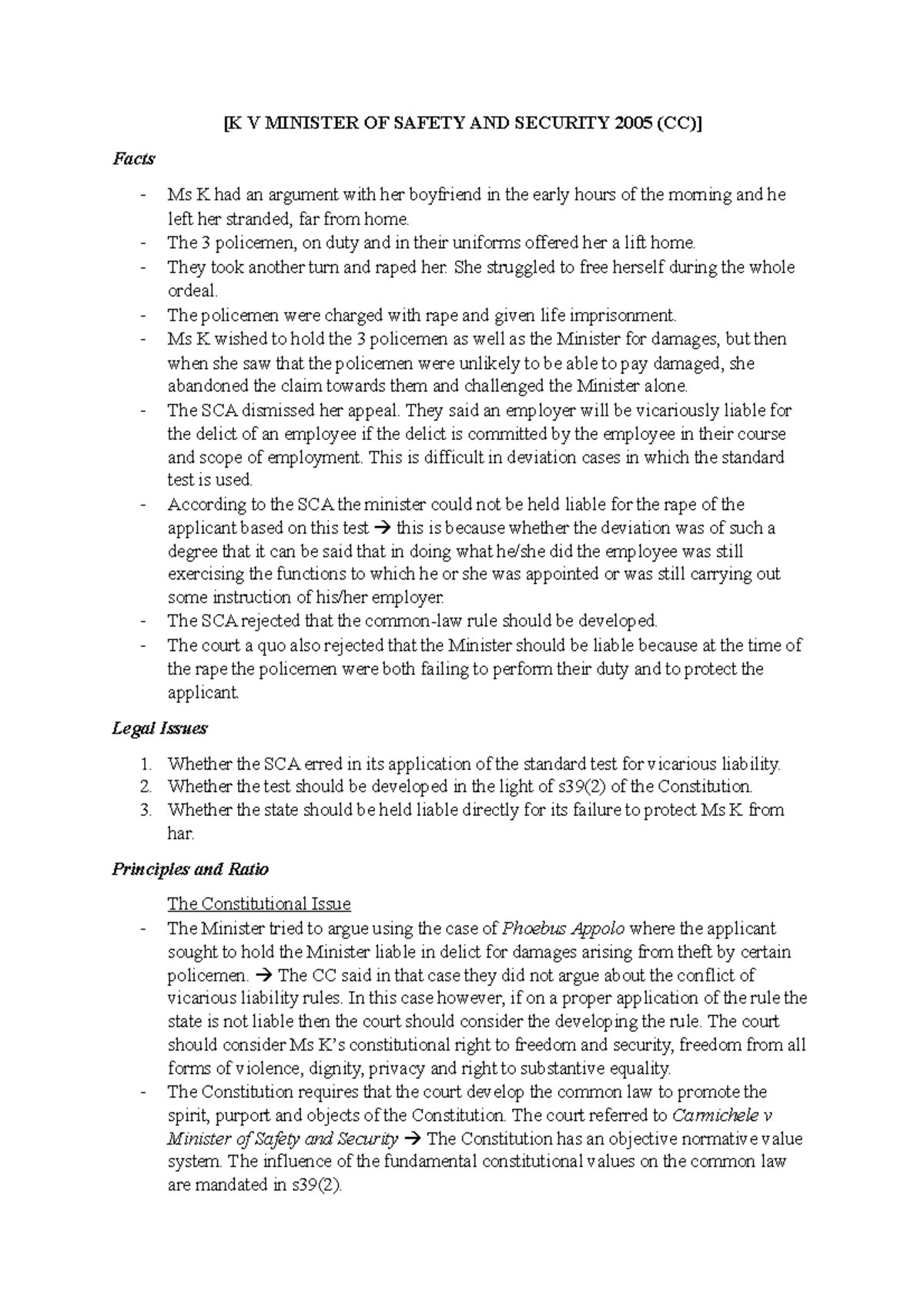Vicarious Liability Case Law - [K V MINISTER OF SAFETY AND SECURITY ...