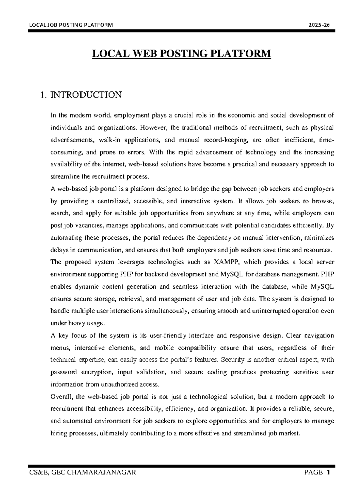 GEC CHAMARAJANAGAR: Local Job Posting Platform Overview Report - Studocu