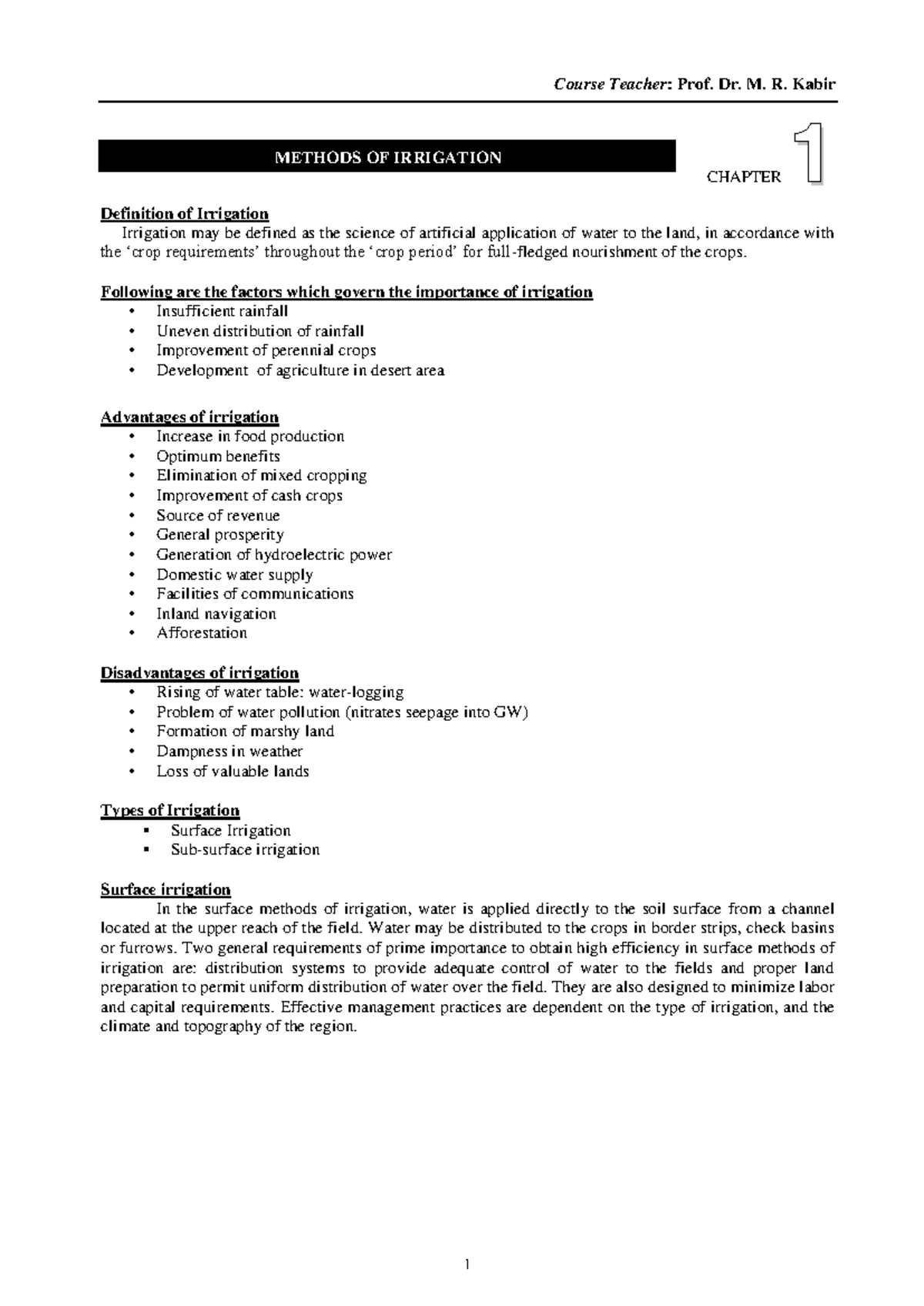 Chapter 1: Methods of Irrigation - Notes (Course Code: AGRI101) - Studocu