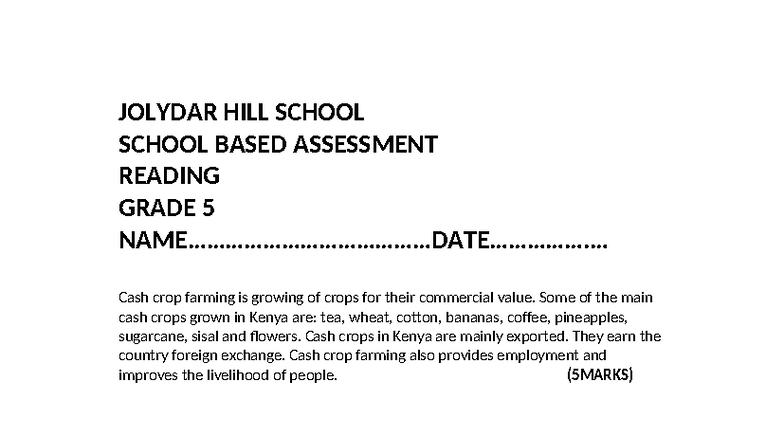 Grade 5 ENG Reading - JOLYDAR HILL SCHOOL SCHOOL BASED ASSESSMENT ...