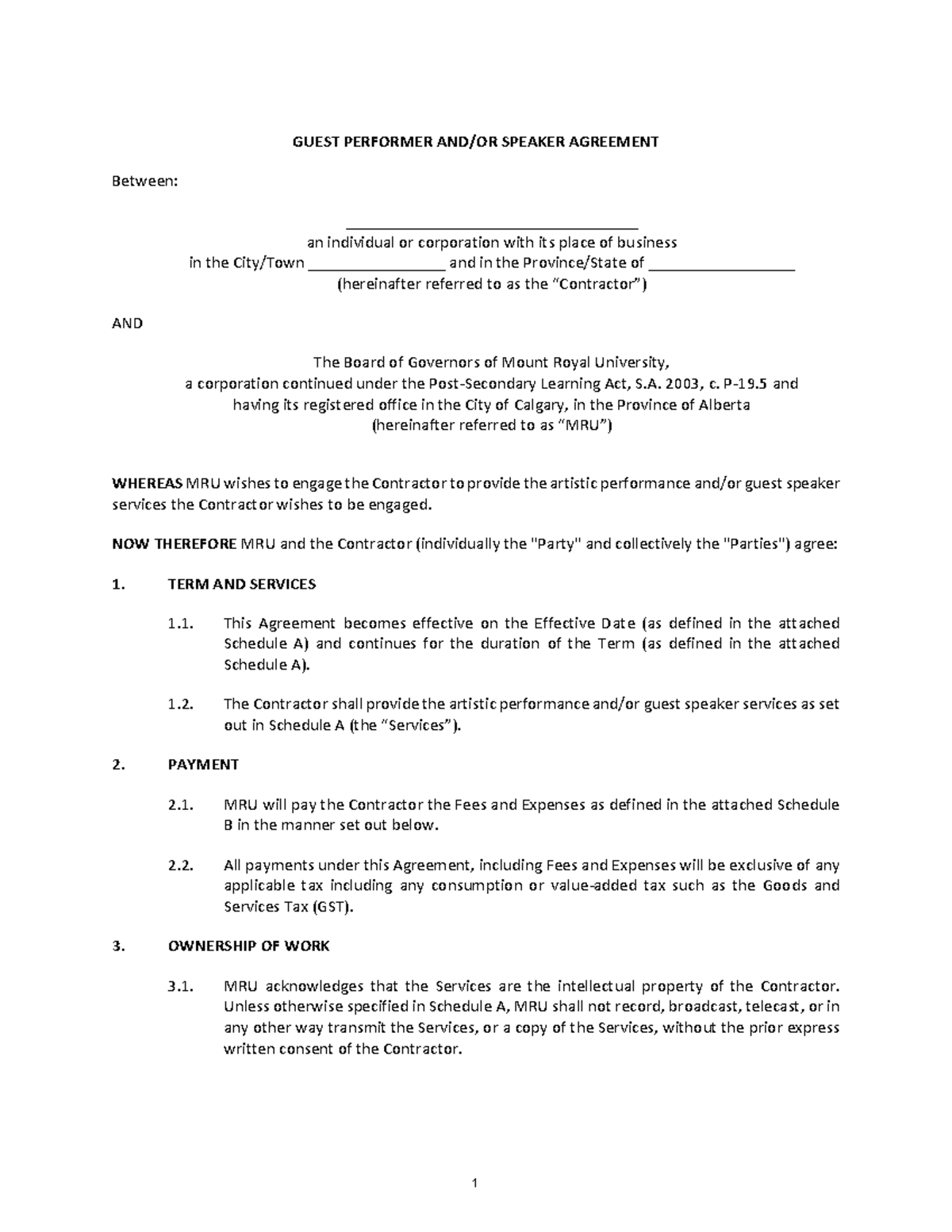 GUEST PERFORMER SPEAKER AGREEMENT - MRU In-Class Assignment Contract ...