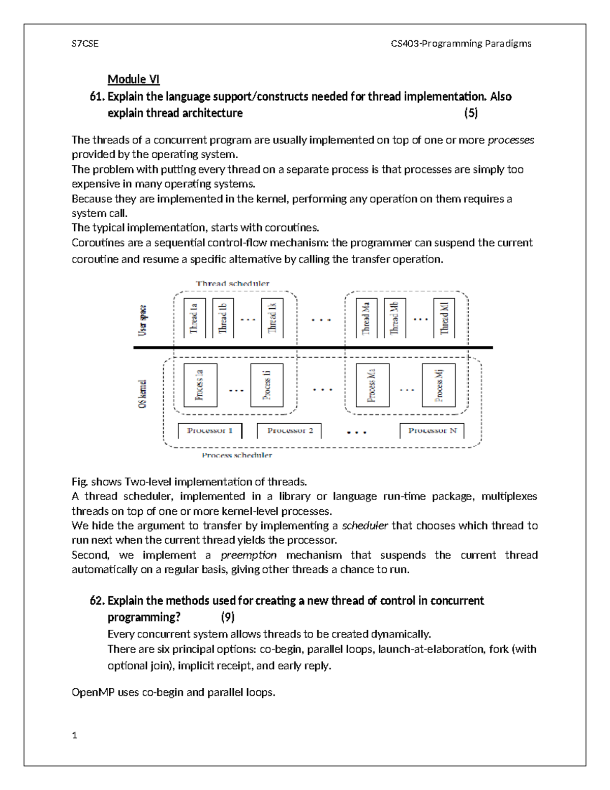 S7CSE Paradigms Module VI Q&A: Thread Implementation & Architecture - Studocu