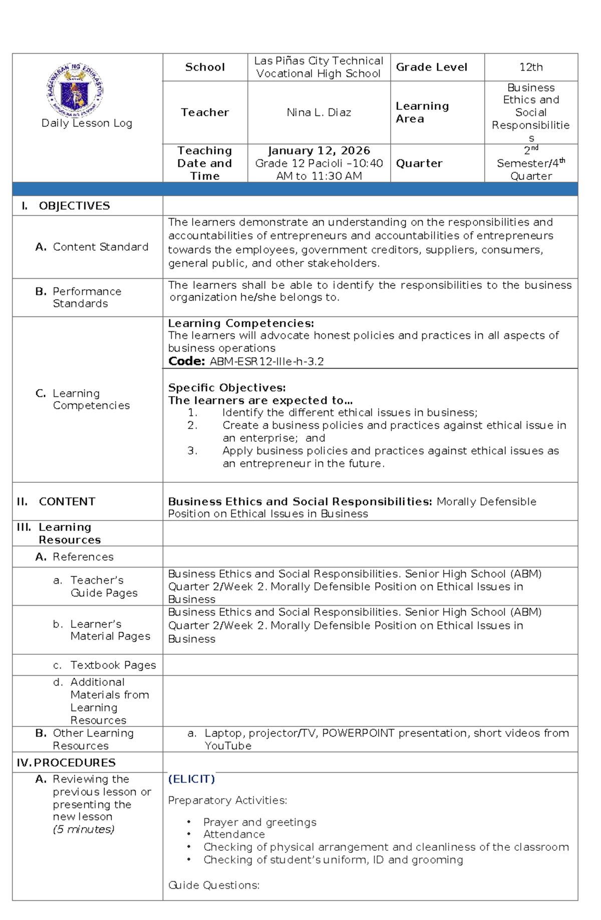 SHS 12 Business Ethics & Social Responsibilities Lesson Log - Studocu
