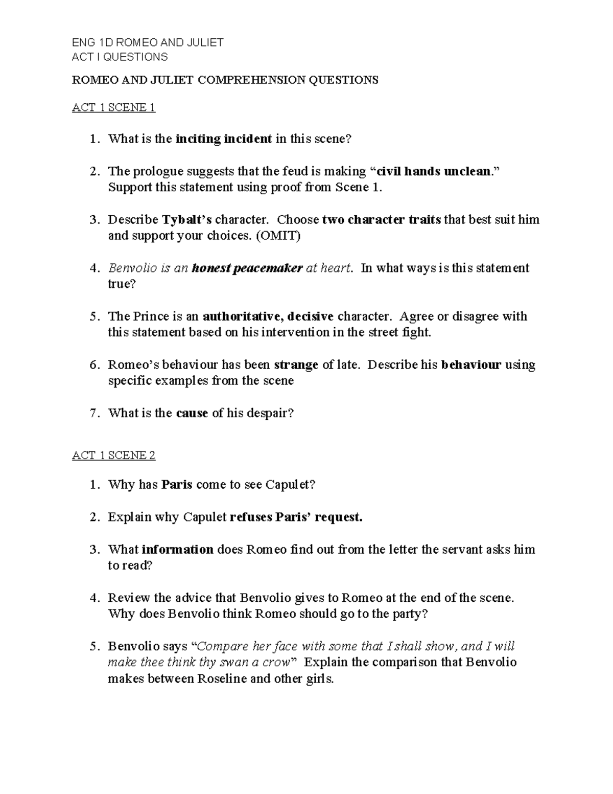 ENG 1D Final Exam: Romeo and Juliet Comprehension Questions Act 1 - Studocu