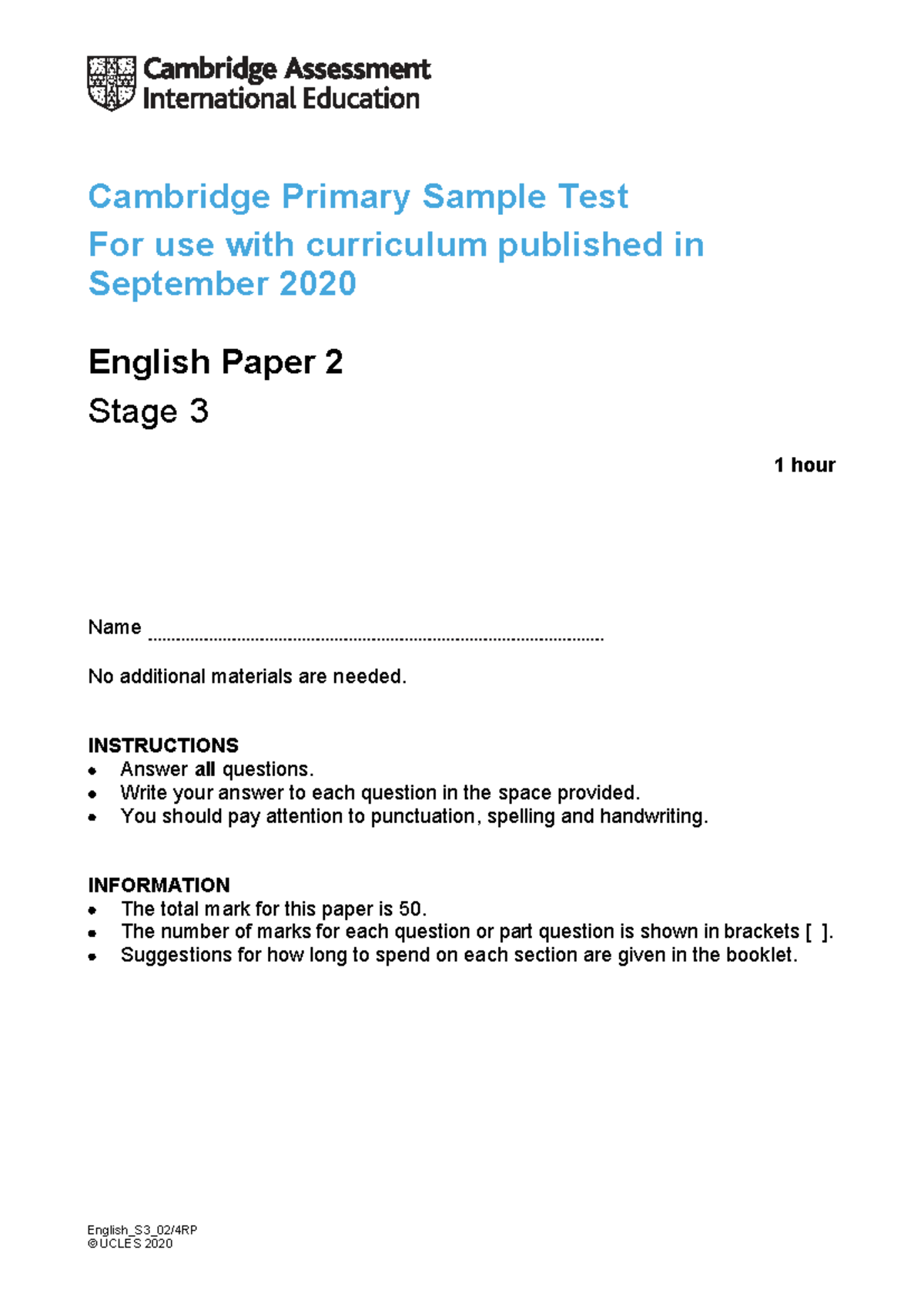 English Stage 3 Sample Test Paper 2 (Cambridge Primary) - Studocu