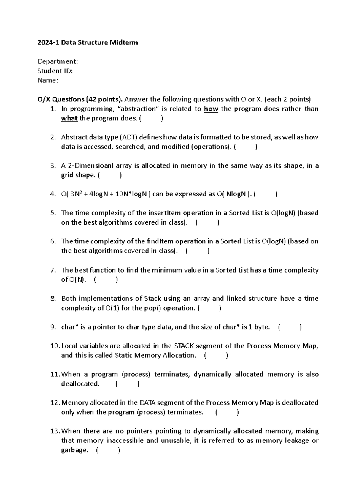 2024-1 Data Structure Midterm Exam Questions and Answers - Studocu