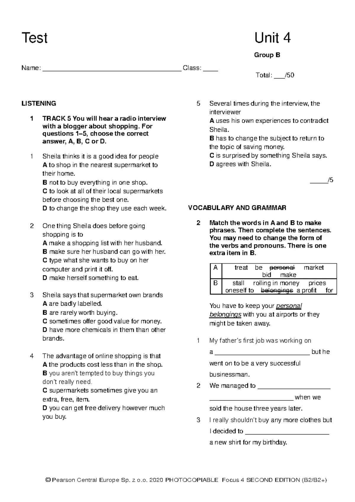 Focus 4 2E Unit 4 Test Answer Key for Listening, Grammar & Writing ...