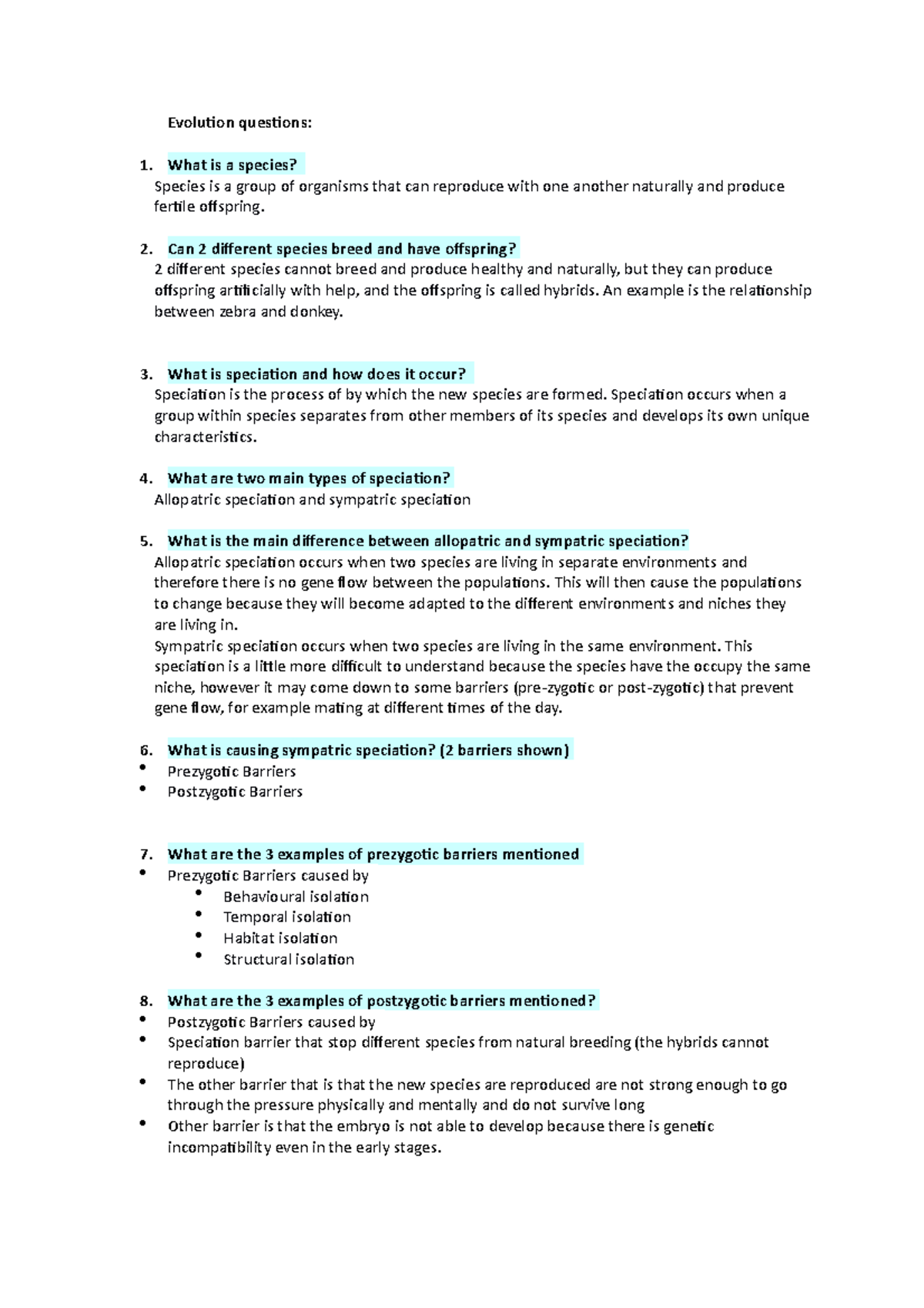 Evolution questions ( practice questions on species and speciation ...