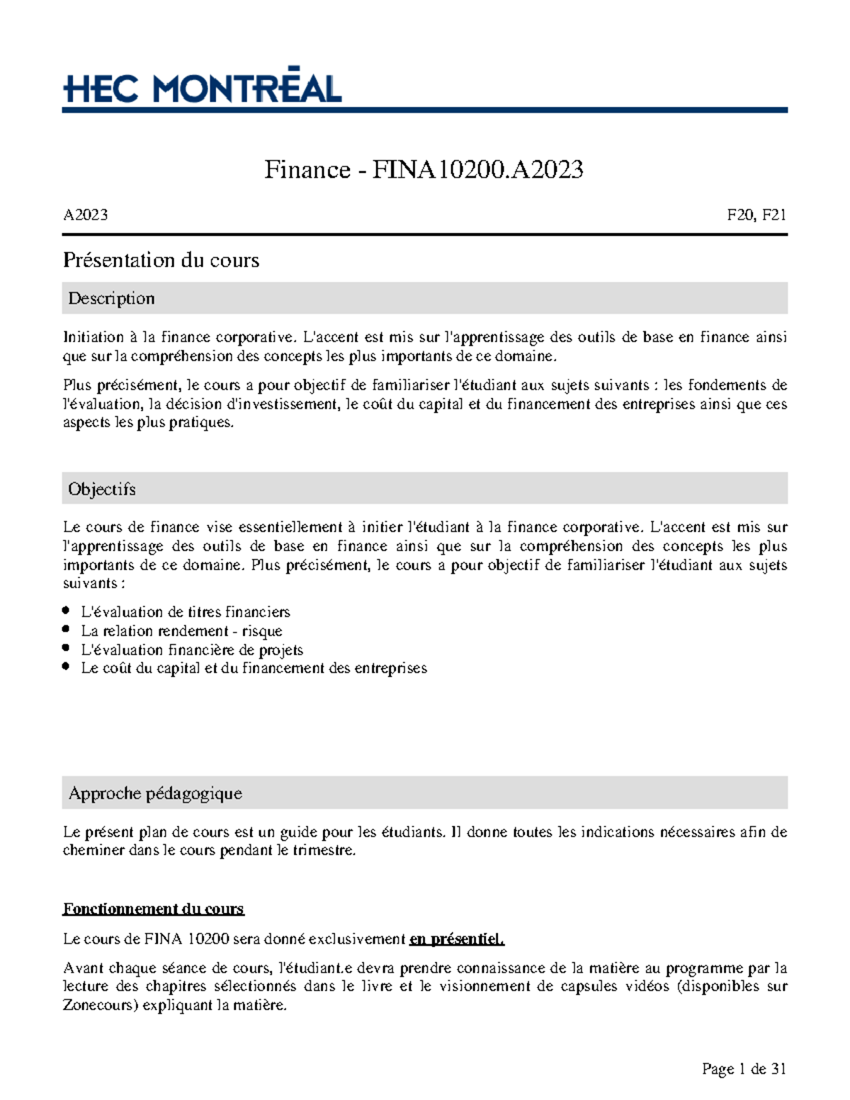 Finance (FINA10200) - Plan de cours - A2023 F20, F Finance - FINA10200 ...