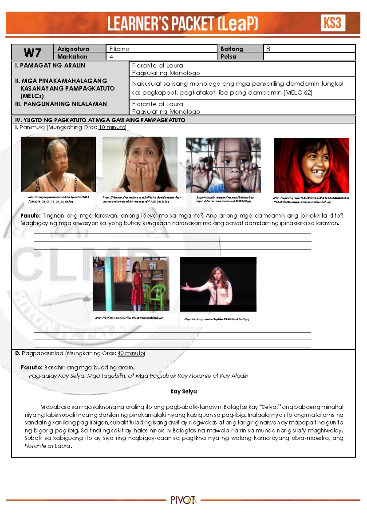 Q4 Filipino 8 W7 - Lesson Plan on Florante at Laura Monologue Writing ...